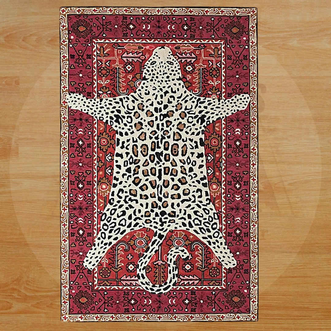 Leopard Pattern Rug Red & Blue Stunning Carpet Animal Print Rug for ...
