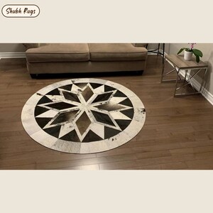 Diamond Pattern Patchwork Cowhide Black Round Rug Handcrafted Round ...