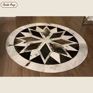 Diamond Pattern Patchwork Cowhide Black Round Rug Handcrafted Round ...