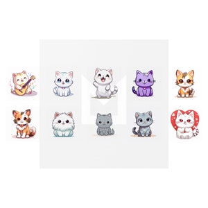 Cute Kawaii Cat Clipart Bundle 50 PNG Designs for Animal Stickers Black ...