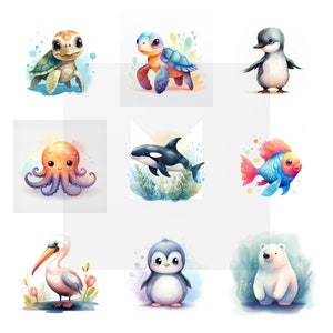 Aquatic Animals Watercolor Clipart Bundle - 40 Cute Sea & Nautical Pngs ...