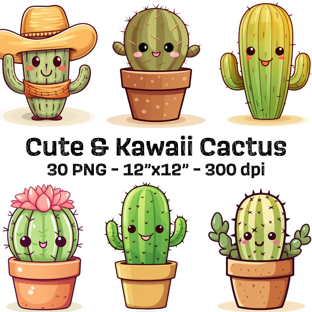 Cute Cactus Clipart Bundle - 30 Kawaii Cacti Pngs for Stickers, Mugs ...
