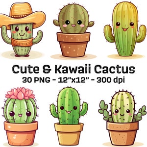 Cute Cactus Clipart Bundle - 30 Kawaii Cacti Pngs for Stickers, Mugs ...