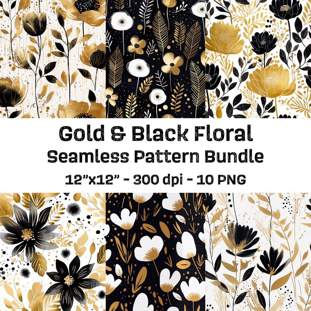 Boho Floral Seamless Pattern Bundle - 10 Gold and Black Minimalist Art ...