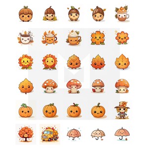 Cute Kawaii Fall Clipart Bundle 30 Pngs of Coffee, Pumpkin, Tree Art ...