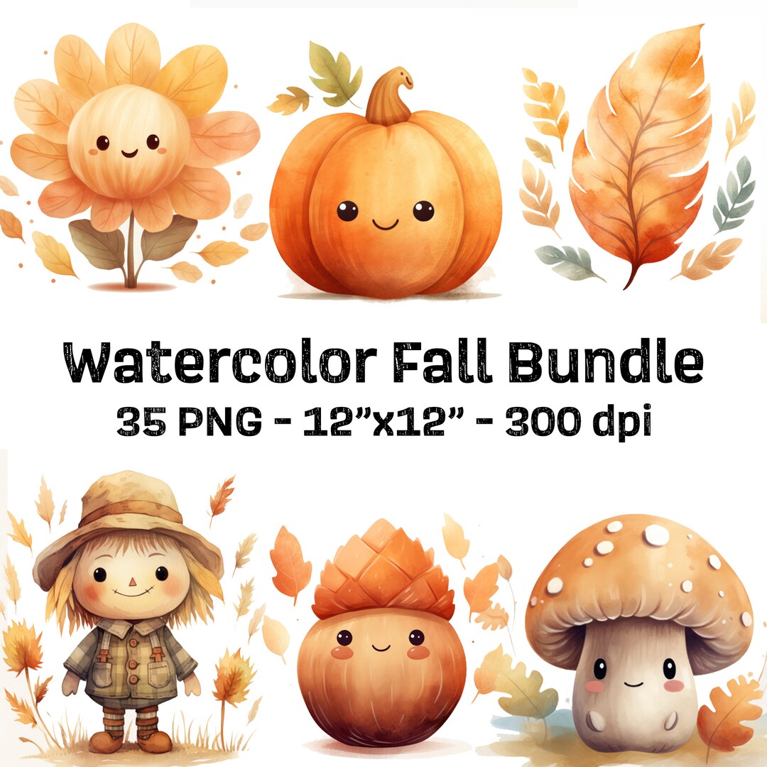 Watercolor Autumn Clipart Bundle - 35 Cute Fall Pngs for Baby Showers ...
