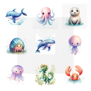 Aquatic Animals Watercolor Clipart Bundle - 40 Cute Sea & Nautical Pngs ...