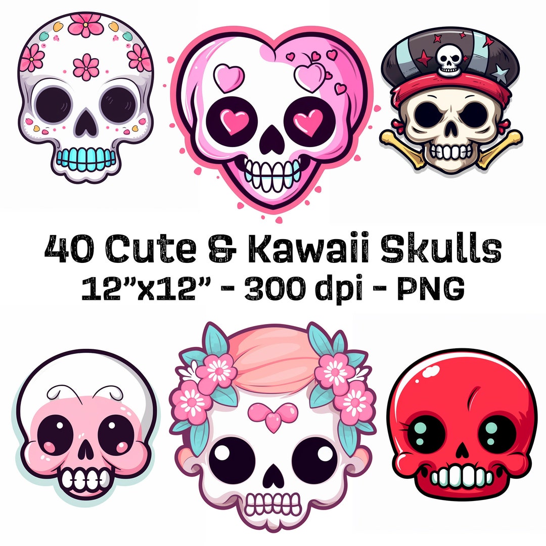 Cute Kawaii Skull Clipart Bundle - 40 PNG Designs for Stickers, Shirts ...