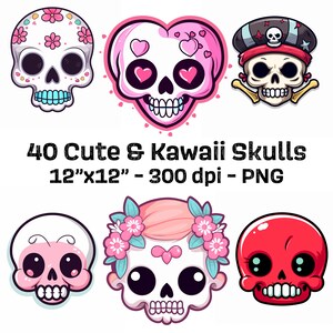 Cute Kawaii Skull Clipart Bundle - 40 PNG Designs for Stickers, Shirts ...