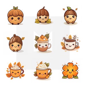 Cute Kawaii Fall Clipart Bundle 30 Pngs of Coffee, Pumpkin, Tree Art ...