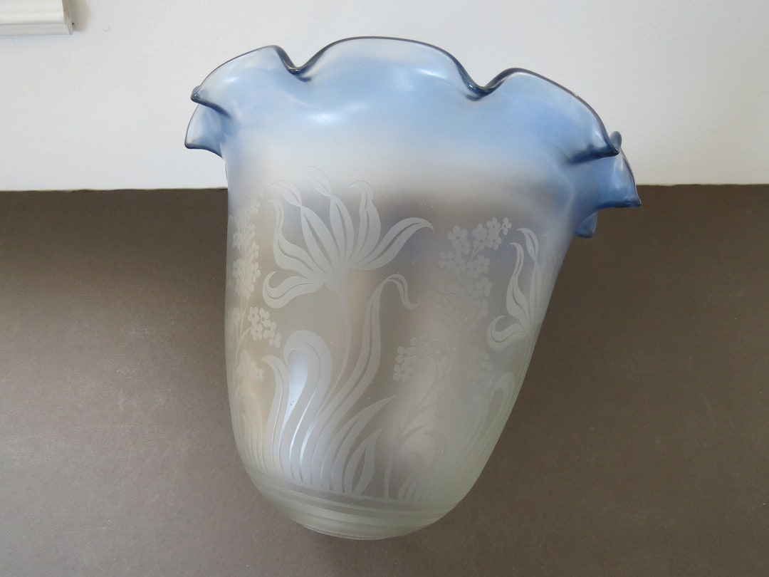 Large Clear and Blue Glass Bell Shaped Lamp Shade, Ruffled, Etched ...