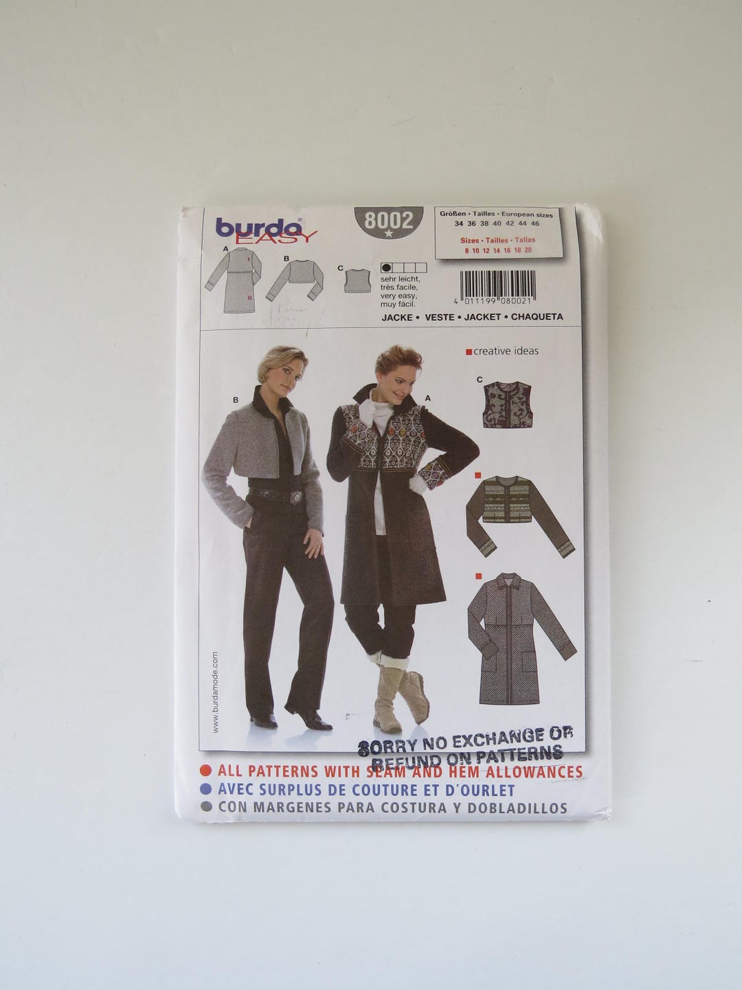 Burda Easy 8002 Jacket Sewing Pattern, Size 8 10 12 14 16 18 20 ...