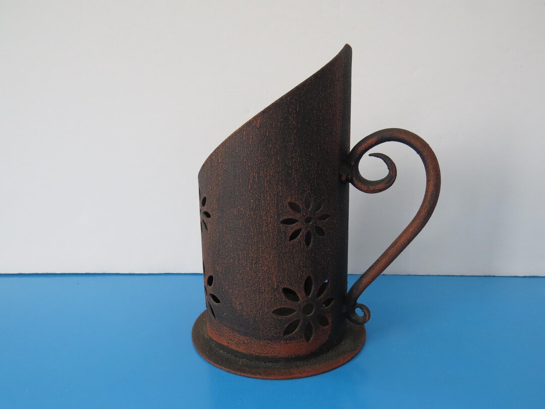 Vintage Perforated Metal Candle Holder With Handle, Rust Finish on ...