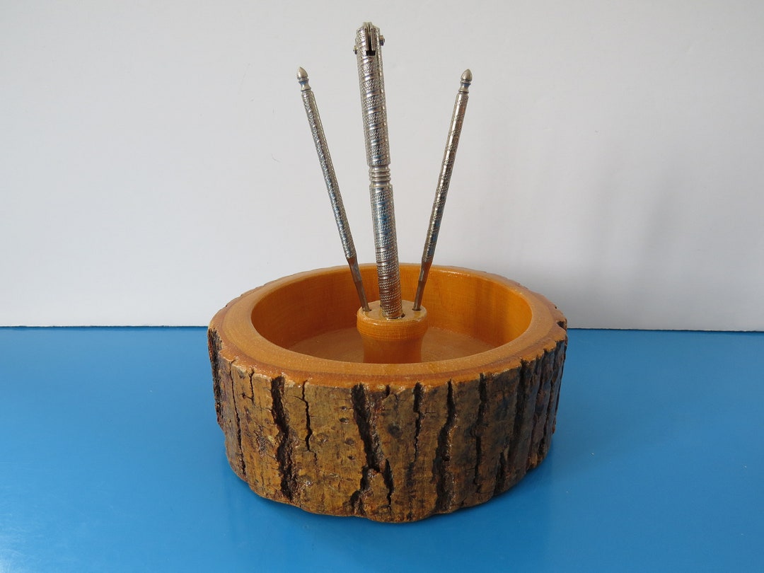 Vintage MCM Wood Tree Bark Wooden Nut Bowl With Nutcrackers and 2 Picks ...