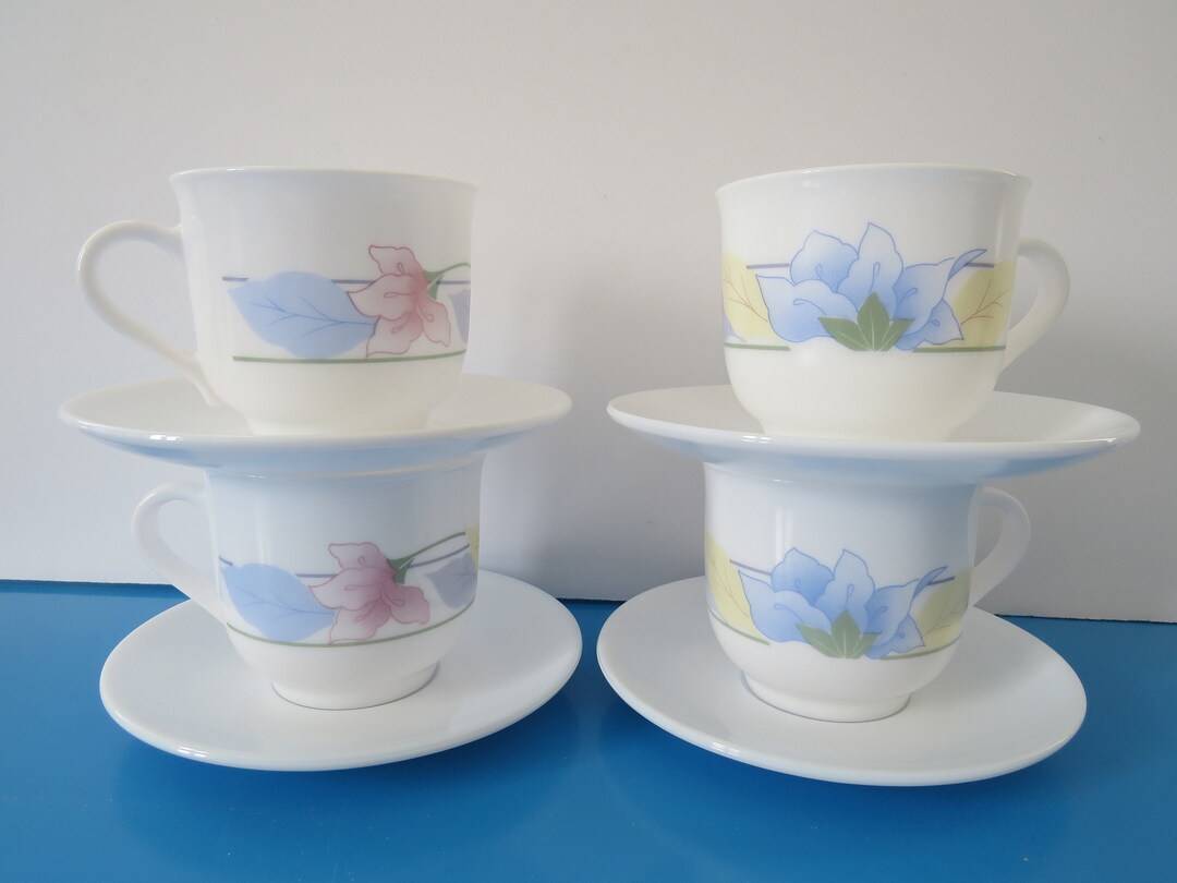Vintage Arcopal Flo Cup and Saucer, Set of 4, Milk Glass, Pastel Colors ...