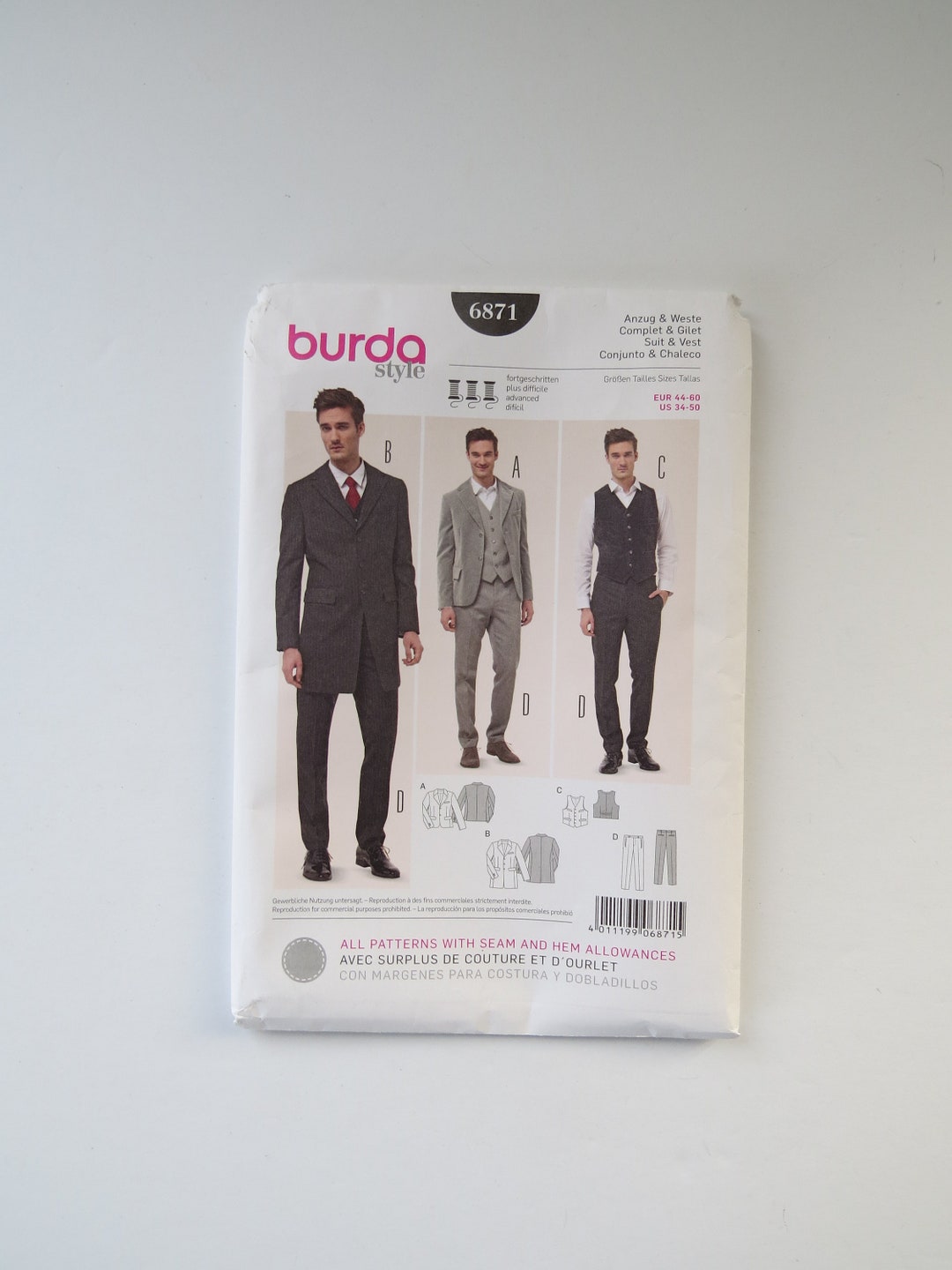 Burda Style 6871 Men's Suit & Vest Pattern, Semi-fitted, Made Advanced ...