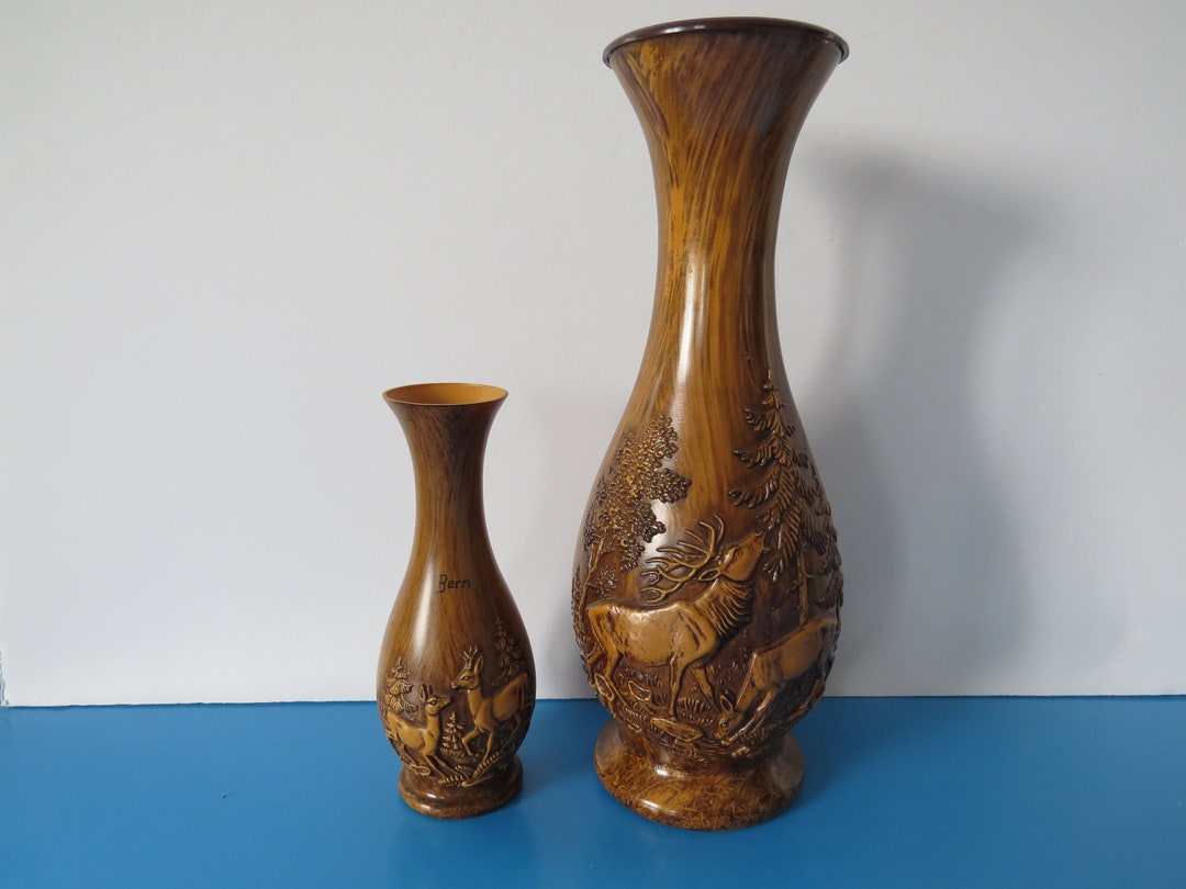 Vintage MCM Vase With Elk and Deer in the Forest, Relief Motif, Plastic ...