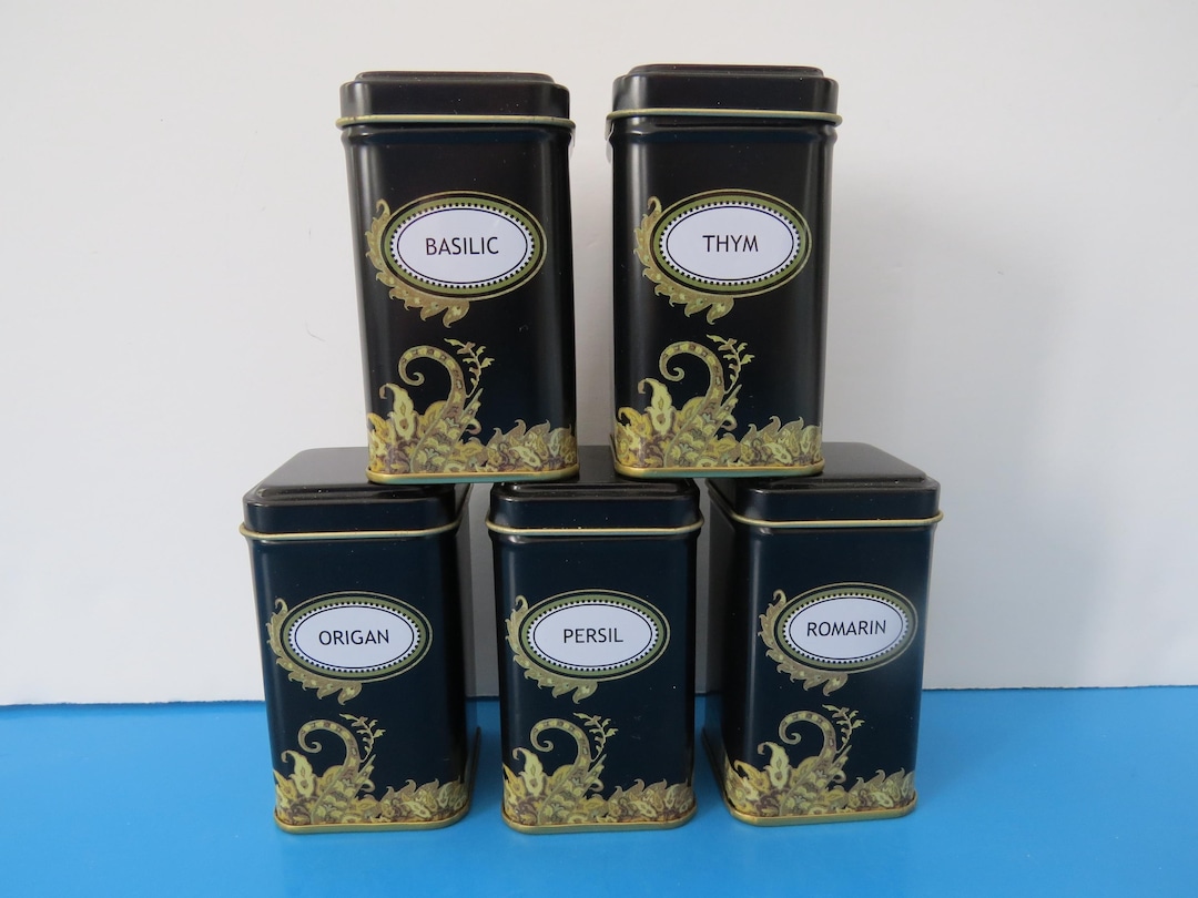 Vintage Spice Container Set, Storage Tins, Paisley on Black, Basil ...
