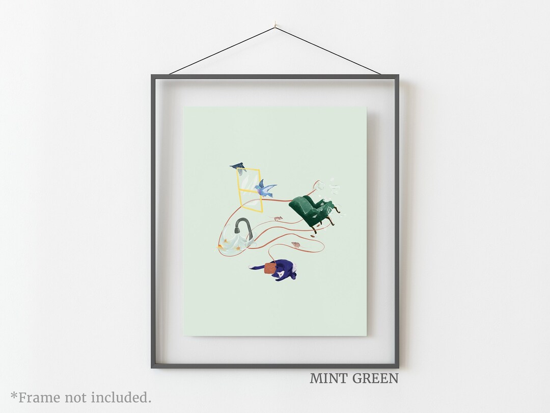 Cat Nap Print; Cat Dream Illustration With Broken Glass, Mice & Birds ...