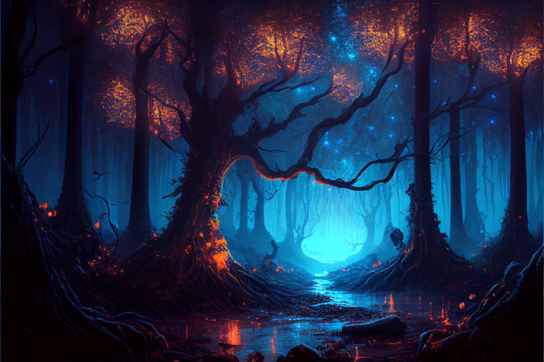 Misty Forest at Night in Winter Fireflies and Lighted Trees ! Digital ...