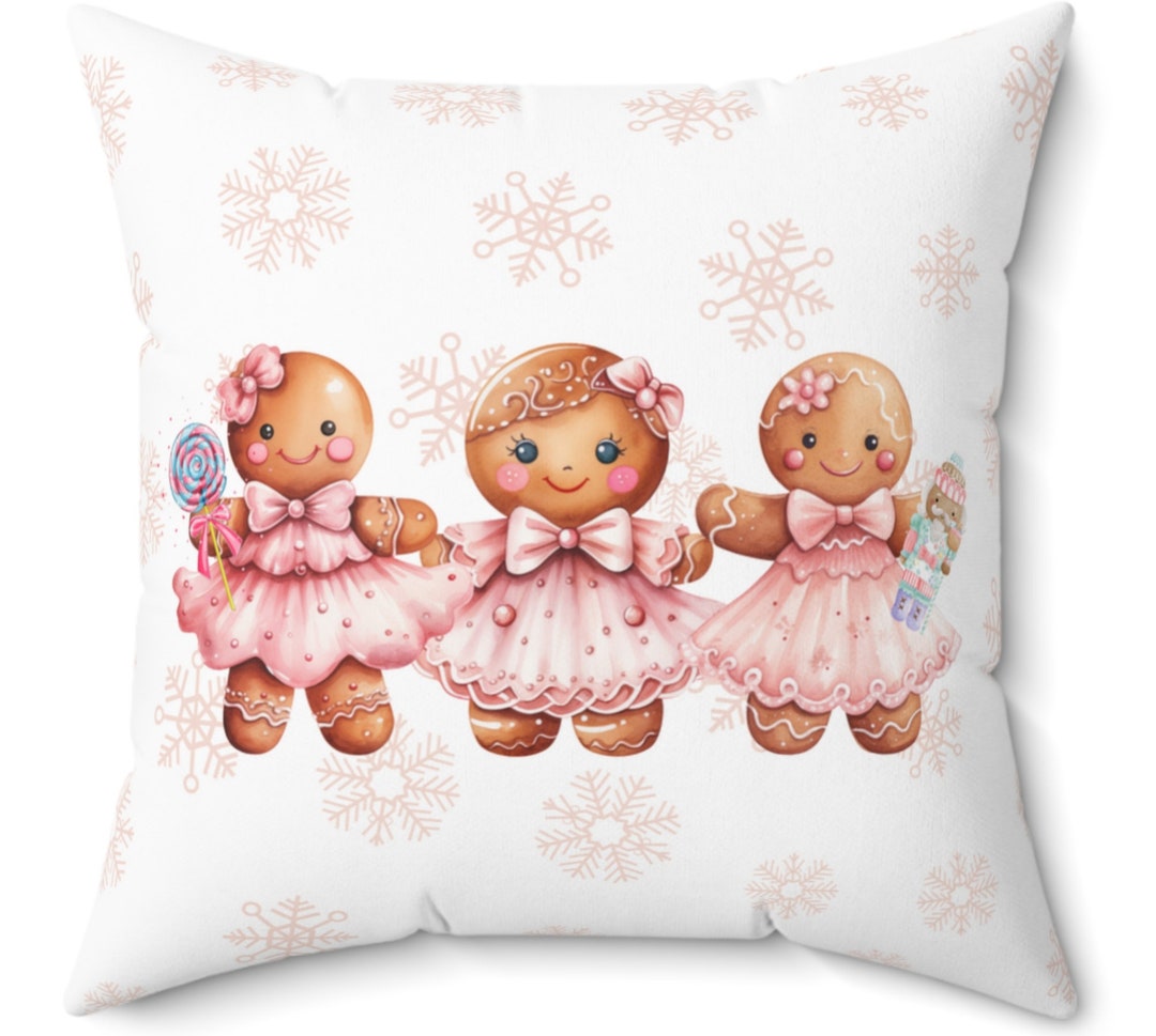 Pink Gingerbread Girls Christmas Throw Pillow, Winter Gingerbread Decor ...