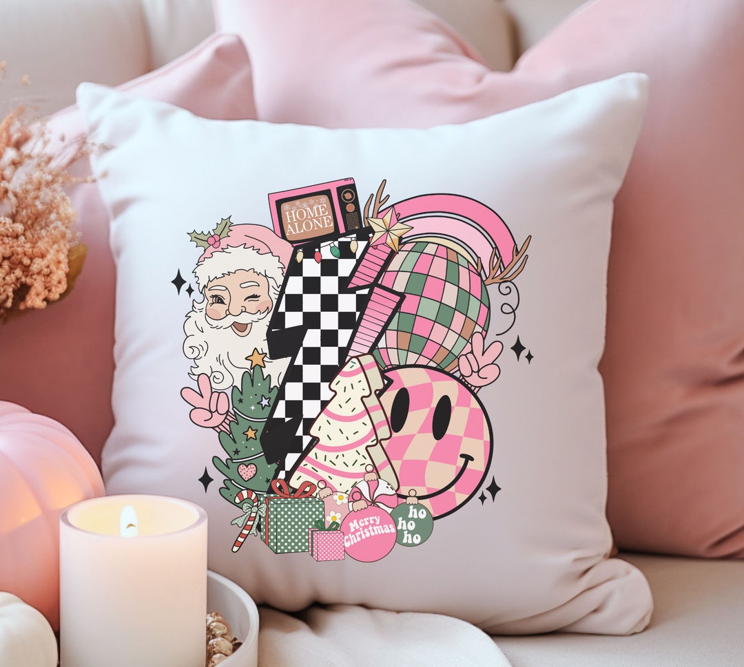 Pink Retro Santa Christmas Pillow, Pink Christmas, Santa Claus Home ...