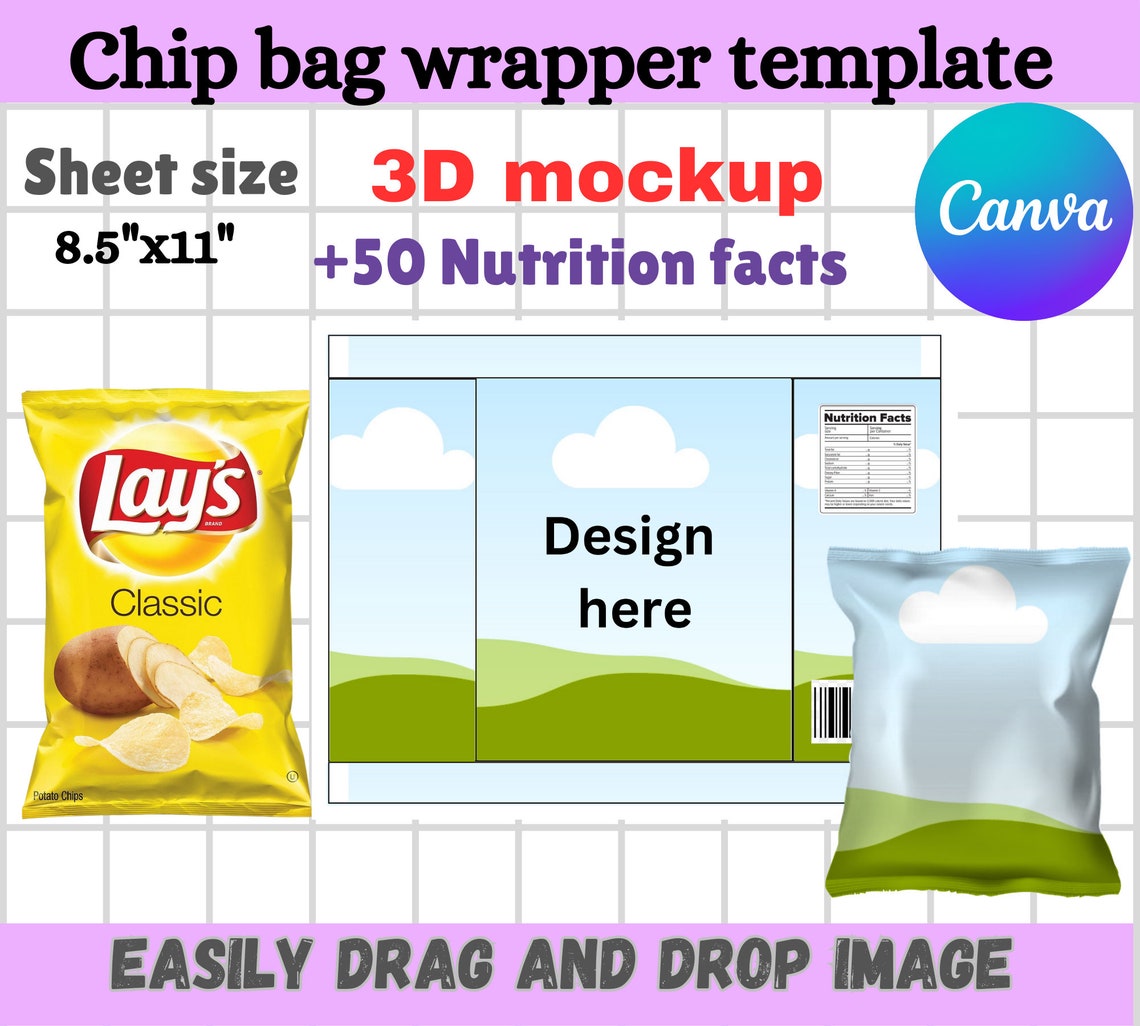 Chip Bag Template, Chip Bag Mockup, Party Favor Template, Sticker ...