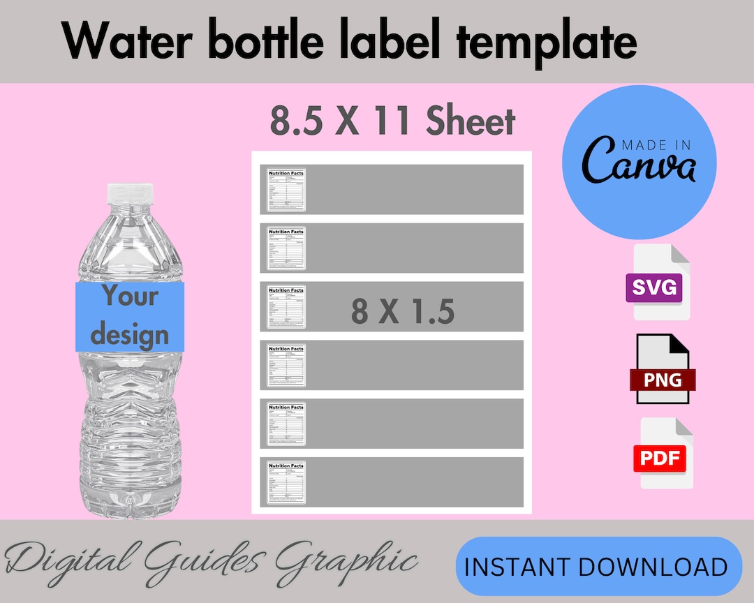 Water Bottle Label Blank Template, DIY Label Template, Canva Editable ...