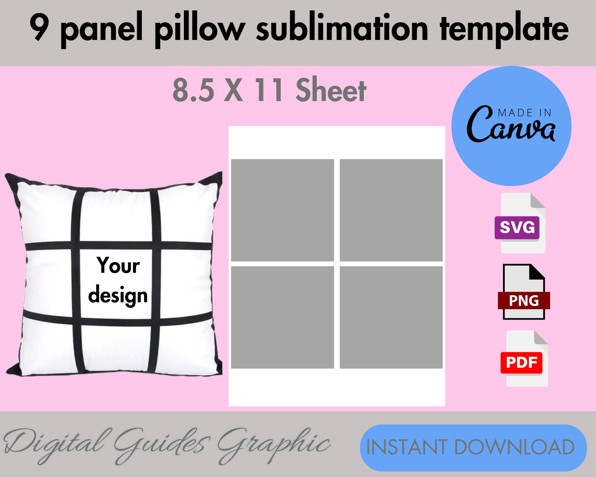 9 Panel Pillow Sublimation Template, Blank Pillow Sublimation Template ...