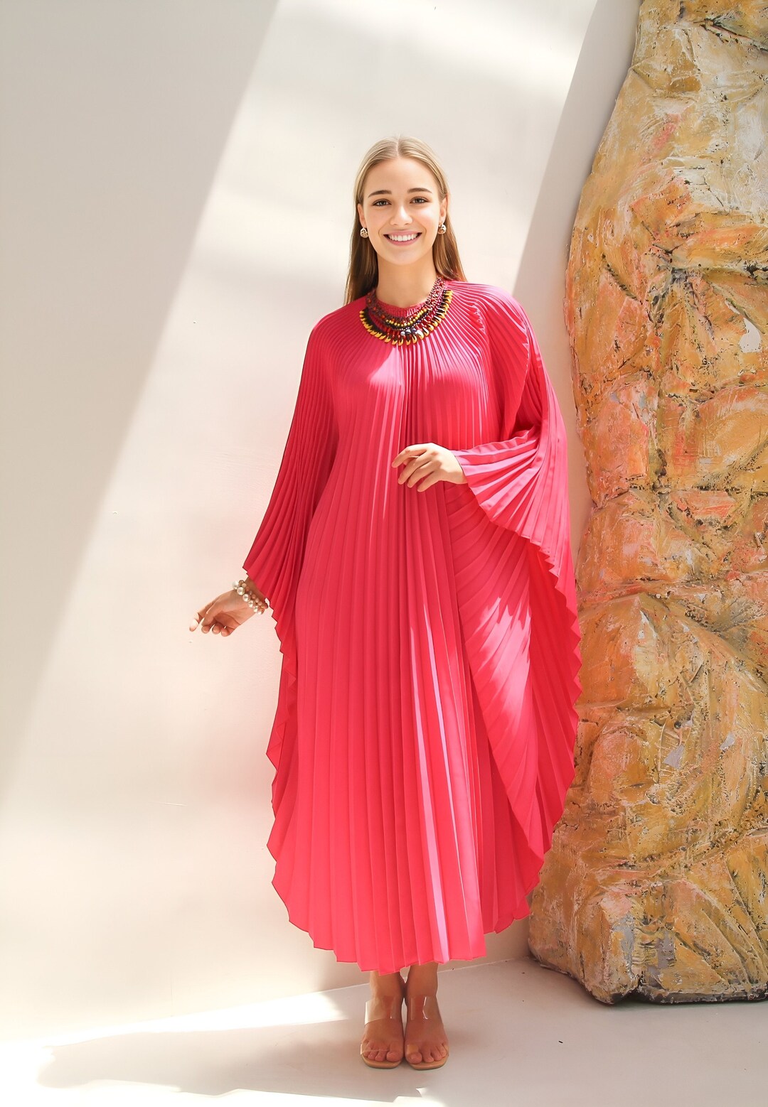 Pink Caftan Pleated Fabric- Plus Size Kaftan Dressing Gown- Christmas ...