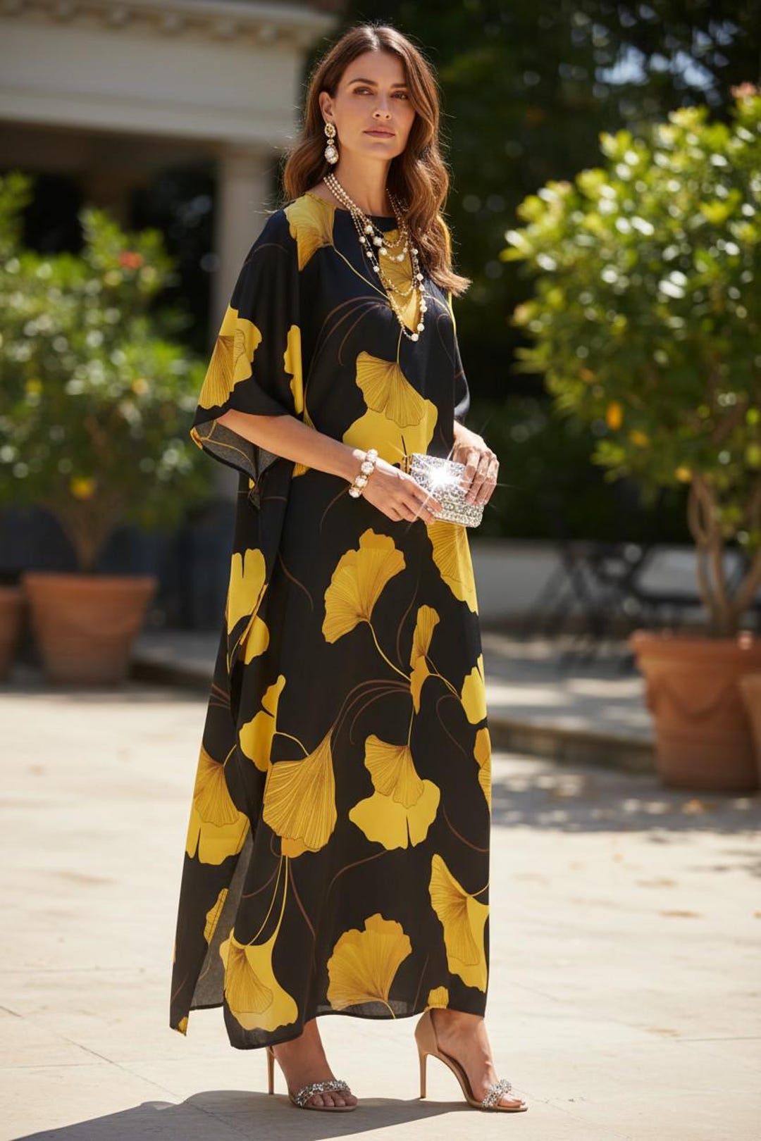 Gold Ginkgo Print Silk Kaftan : Resort Wear Beach Dress, Blended Silk ...
