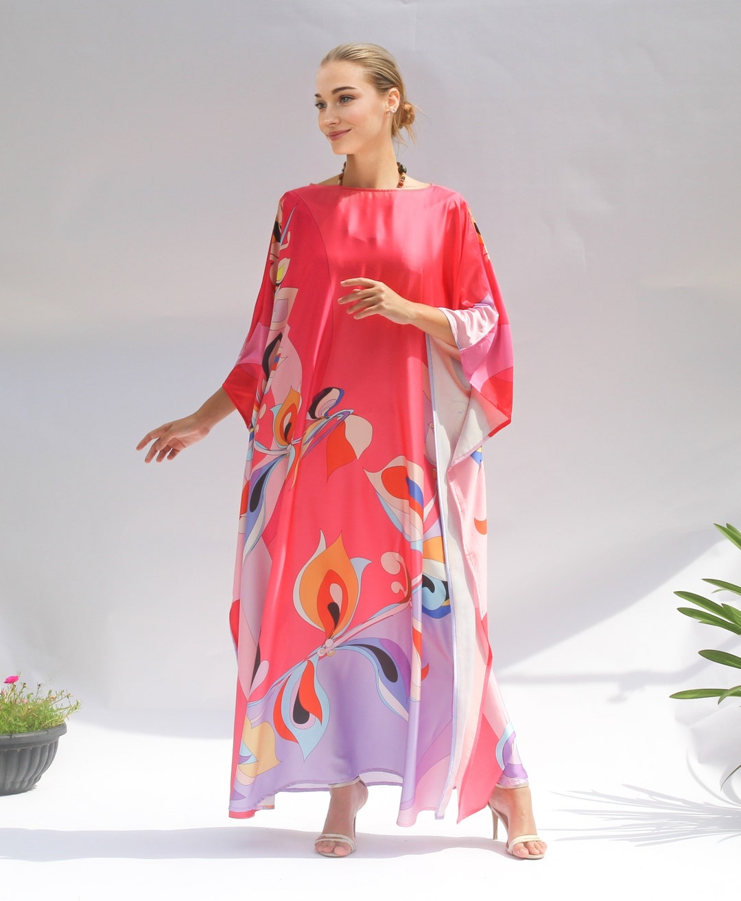 Pink Caftan Silk Blended : Resort and Beach Wear, Christmas Gift for ...