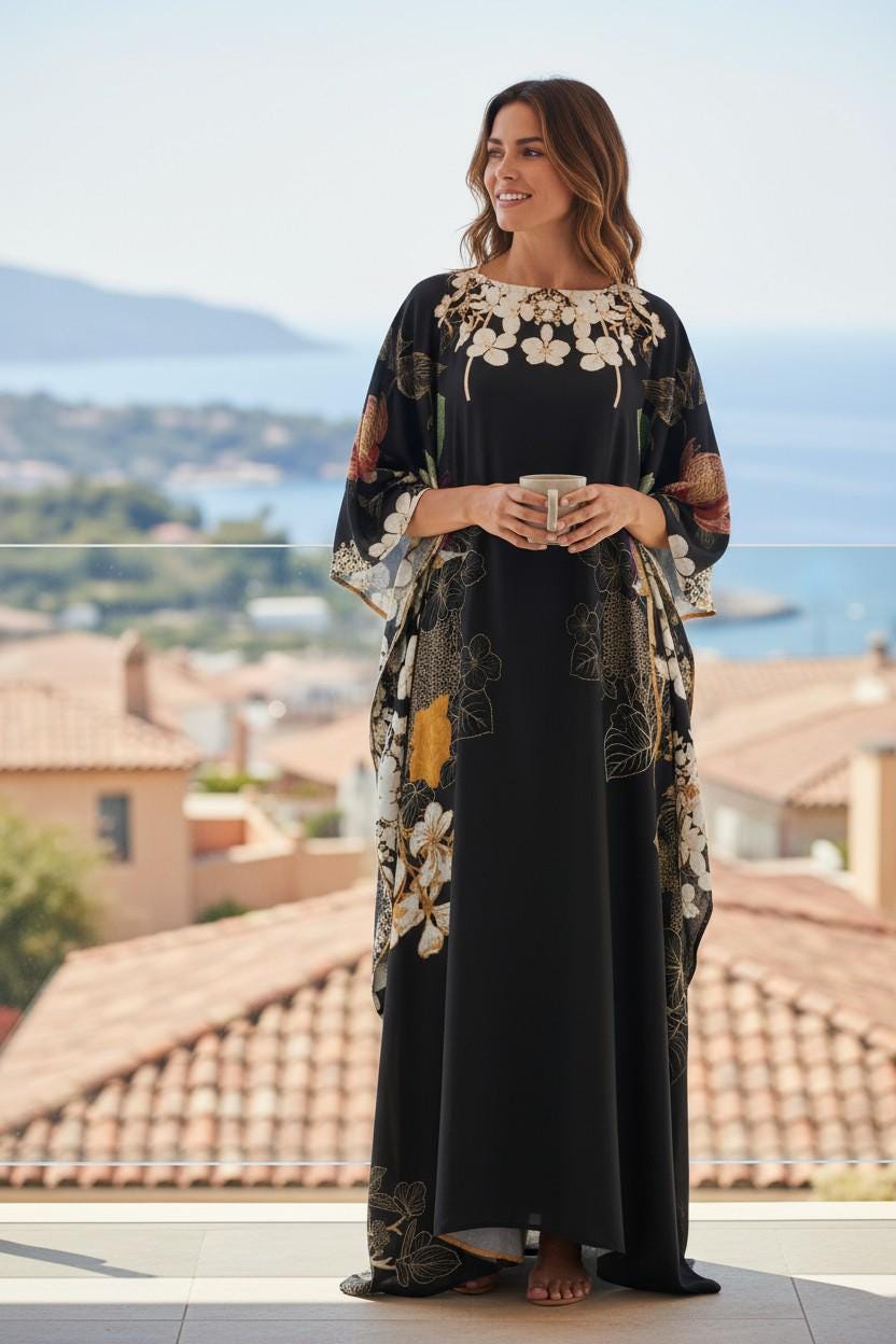 Luxury Kaftan Black and White With Floral Print : Blend Silk Kaftan for ...