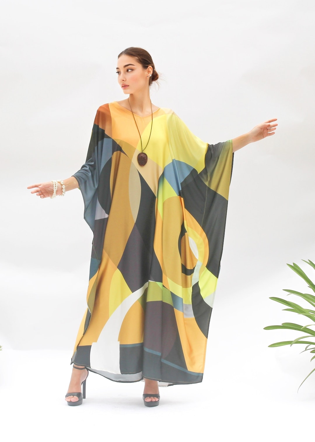 Yellow and Black Kaftan, Full Length Kaftan Custom Size, Blended Silk Kaftan Delivery Fast ...