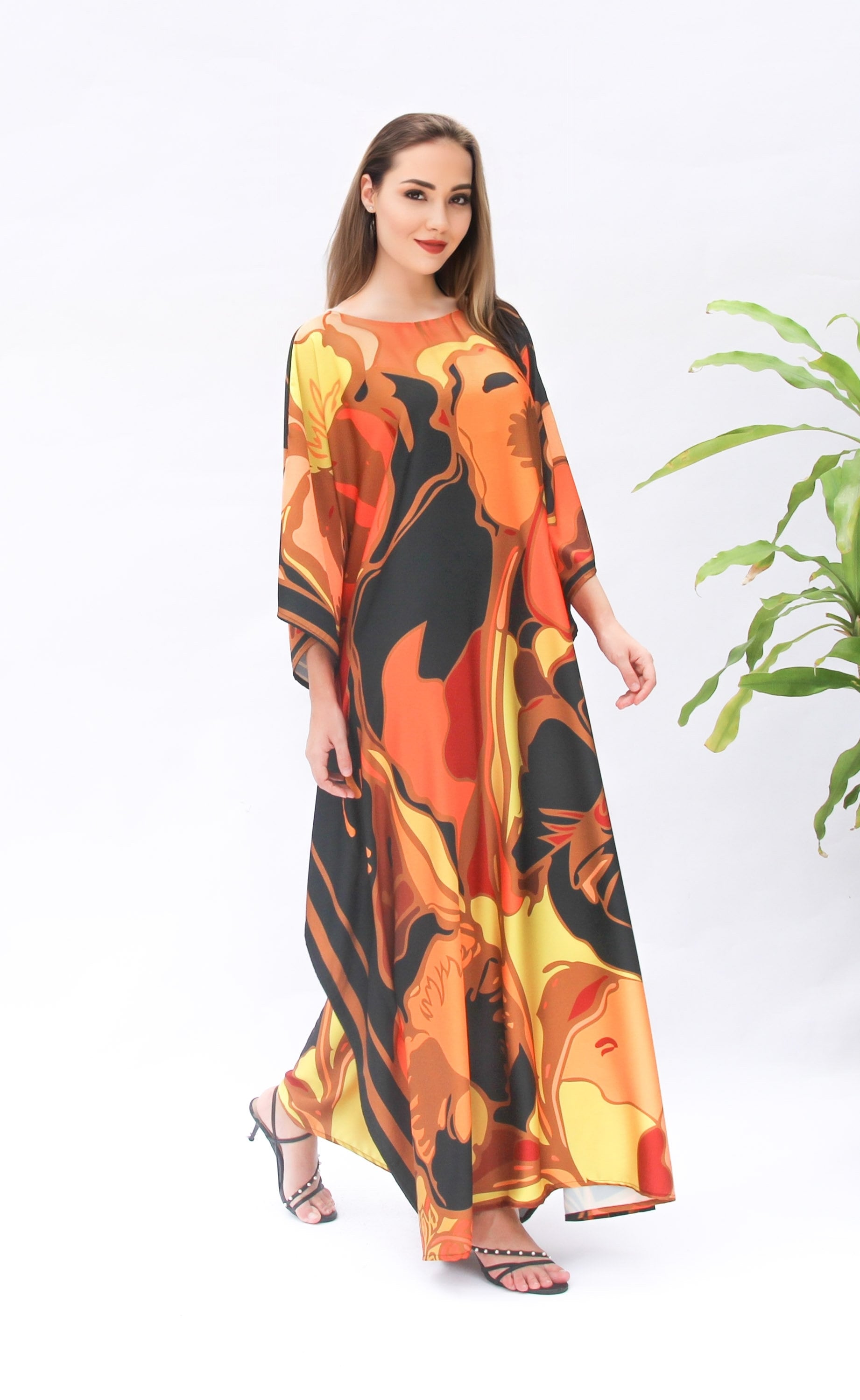 Orange Peony Floral Kaftan: Blended Silk Plus Size Resort Wear - Etsy