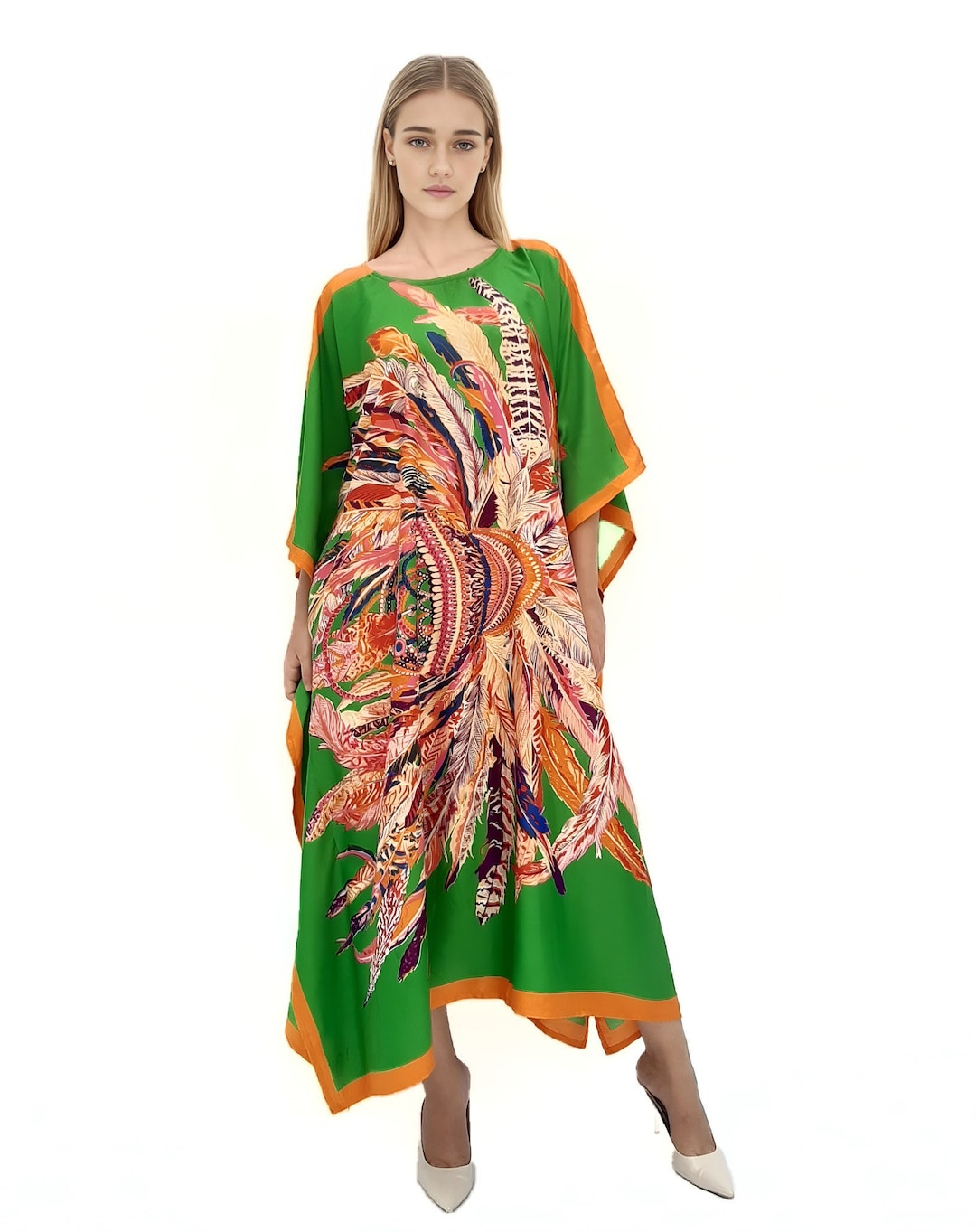 Kaftan Feather Print, Green Dress Caftan Resort Wear Summer Beach ...