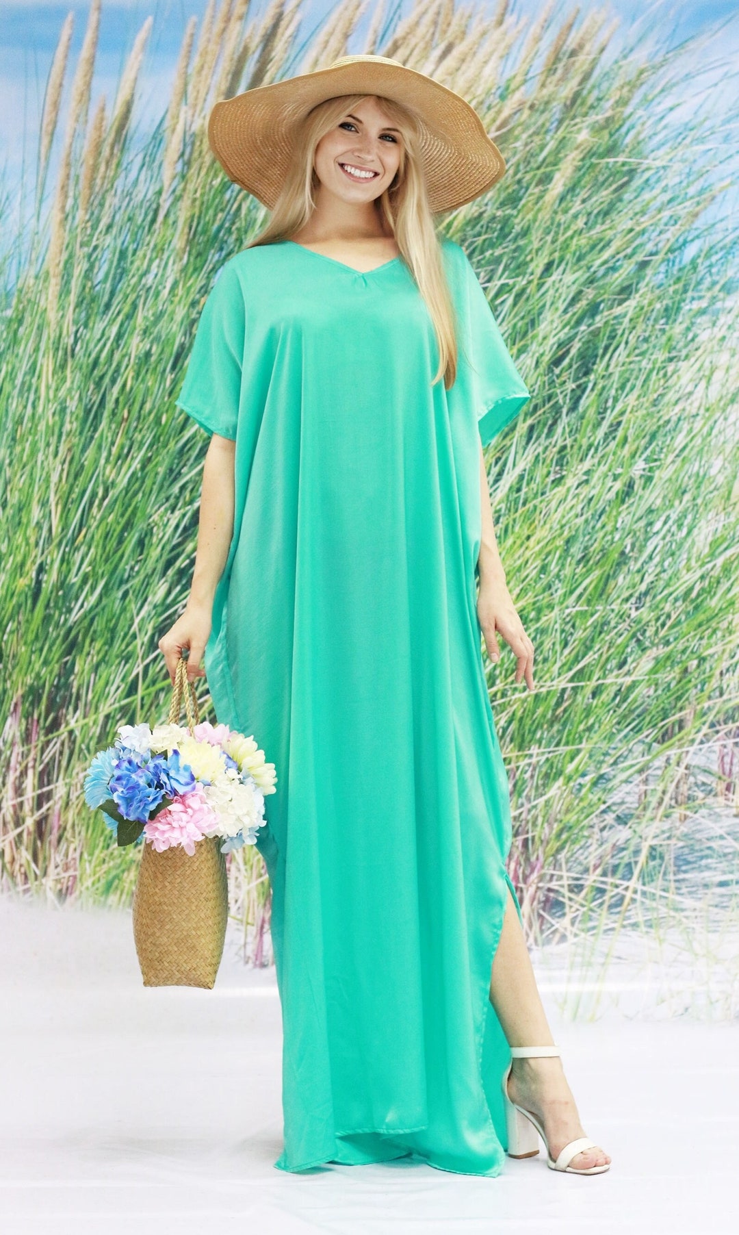 Turquoise Kaftan Beach Wear, Long Length Kaftan Plus Size, Resort ...