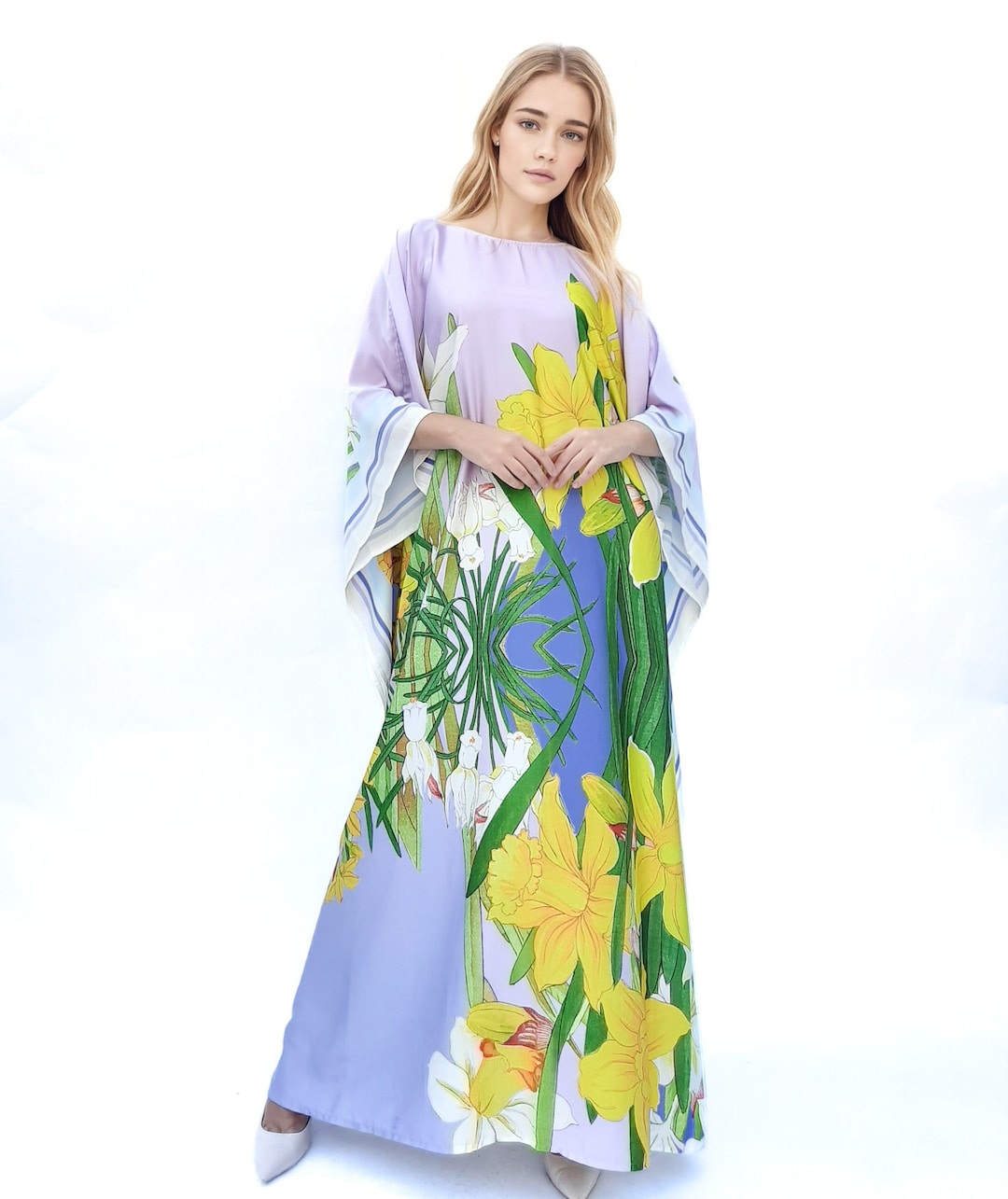 Daffodil Floral Kaftan: Silk Blend Lounge Dress, Plus Size Resort Wear ...