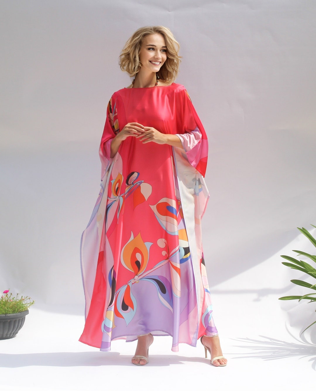 Pink Kaftan Floral Dress Wedding Full Length, Resort Wear Kaftan Cruise ...