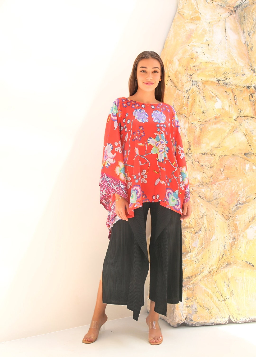 Kaftan Short Blouse, Silk Top House Wear, Floral Caftan Cover Up, Short ...