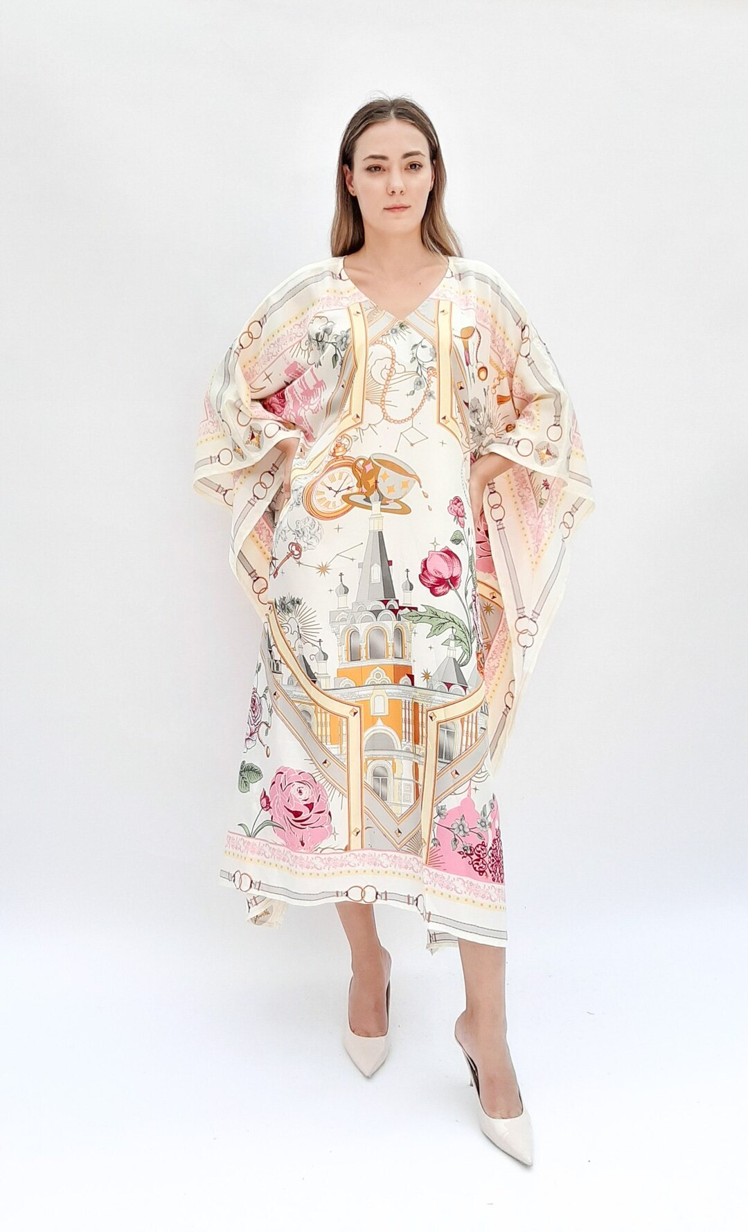 Pink Caftan Silk Twill, Pastel Pink Kaftan Rose Classic Dress, Silk ...