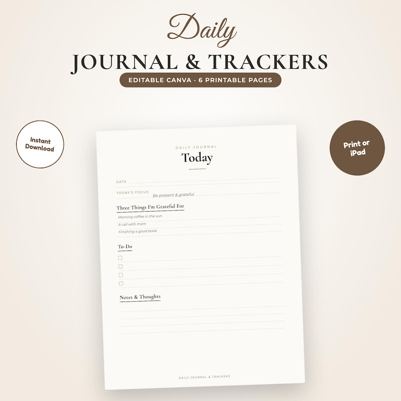 Minimalist Daily Journal & Trackers, Editable Canva Template (digital ...