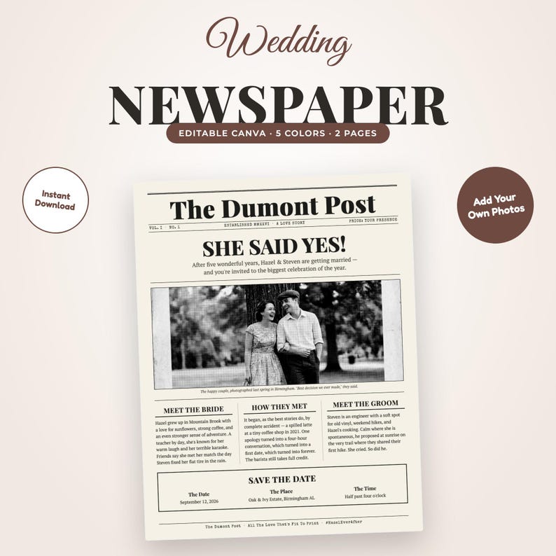 Wedding Newspaper Program, Editable Canva Template, 5 Colors (digital ...