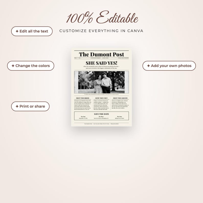 Wedding Newspaper Program, Editable Canva Template, 5 Colors (digital ...