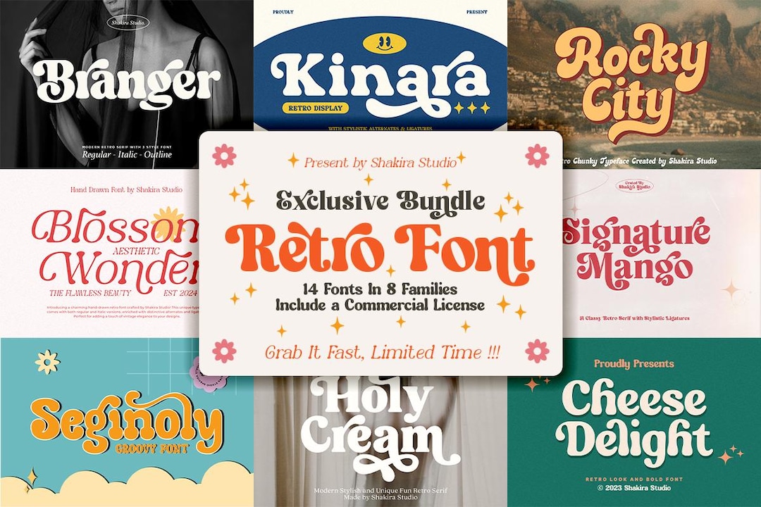 Exclusive Retro Font Bundle, 14 Fonts in 8 Families. Vintage Display ...