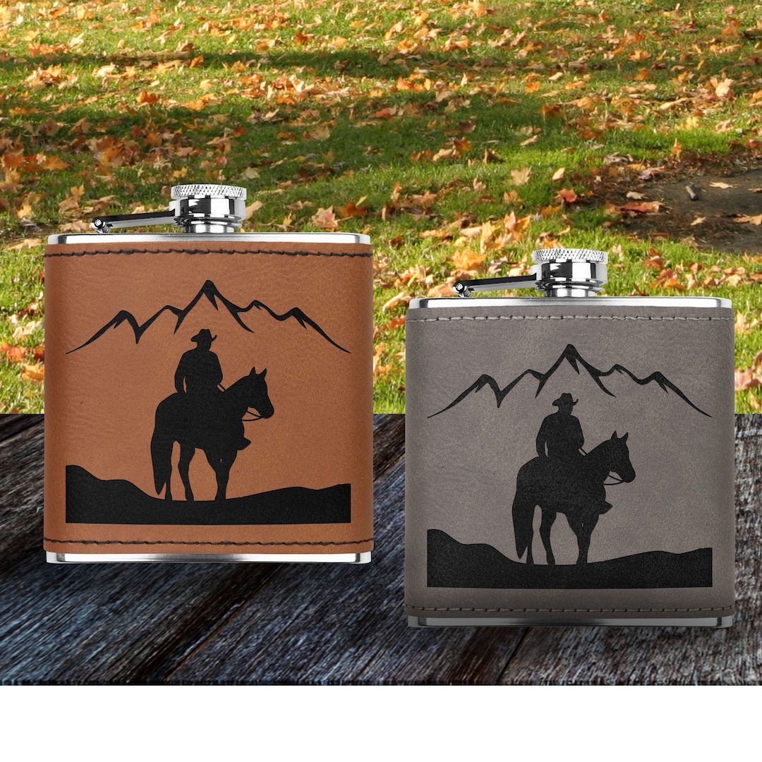 6oz Leather Wrapped Flask, Cowboy Flask, Cowboy on Horse Flask, Hip ...