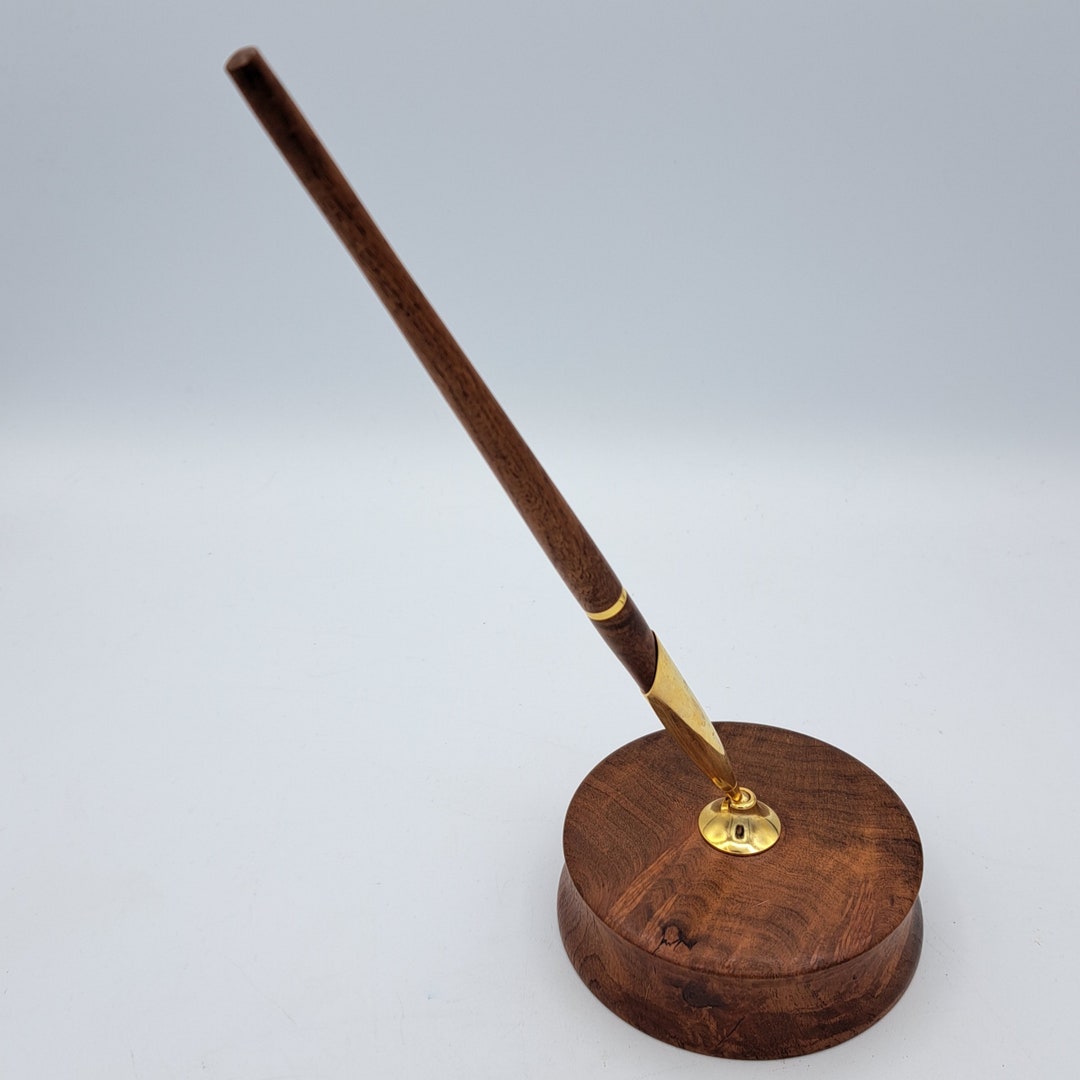 Wood Desk Pen Set Burled Wood Holder With Gold Accent Perfect for Gift ...