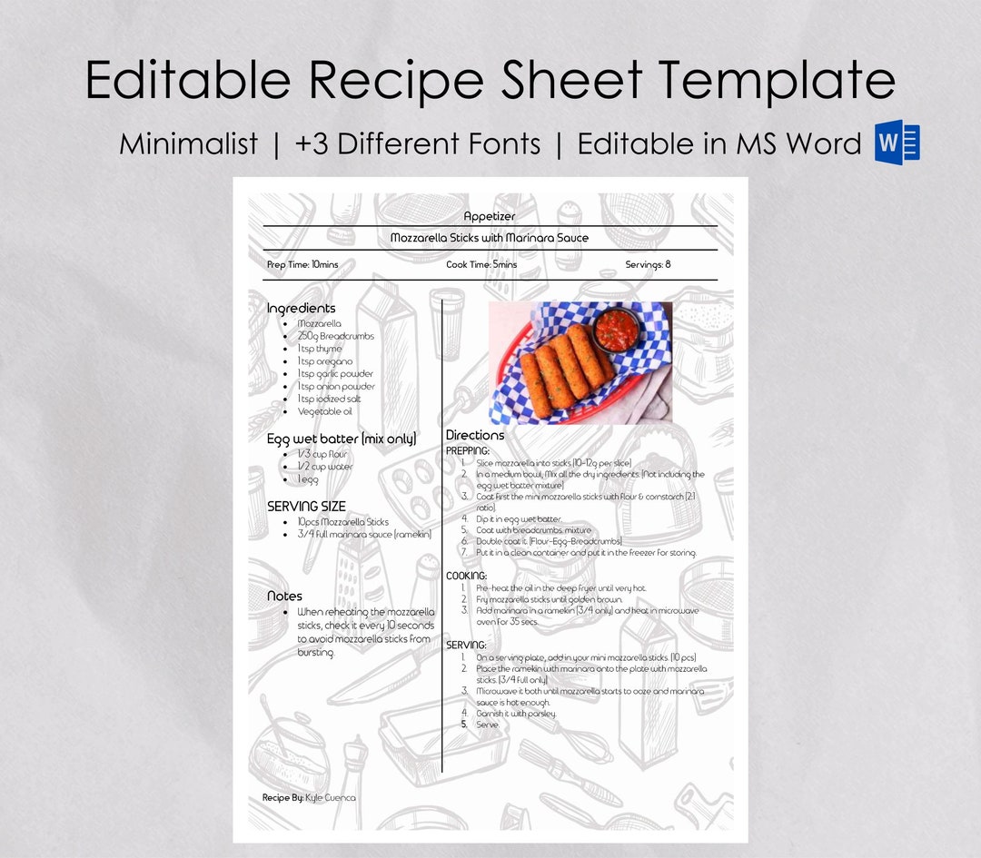 Printable Recipe Sheet Template, Editable Recipe Template, Recipe Card ...