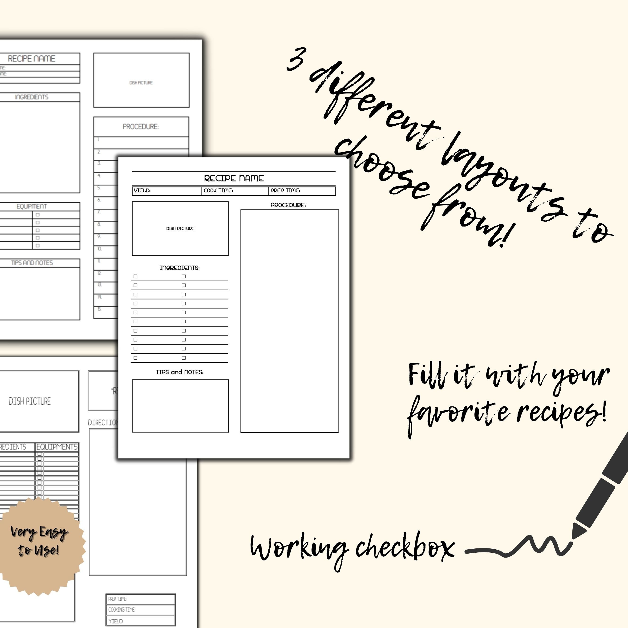 Editable Recipe Template, Printable Recipe Cookbook Template, Simple ...