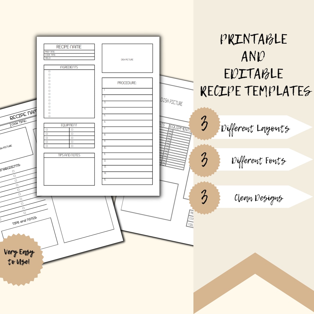 Editable Recipe Template, Printable Recipe Cookbook Template, Simple ...